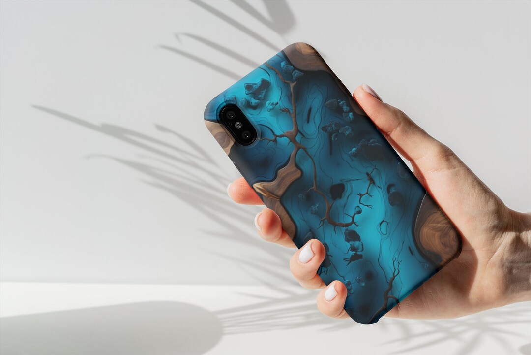 Faux Wood and Resin Phone Case, Blue Epoxy and Live Edge Wood Effect ...