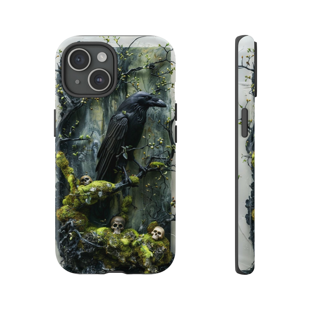 Goth Raven Phone Case, Gothic Green Moss Skulls, Faux Resin and Wood ...