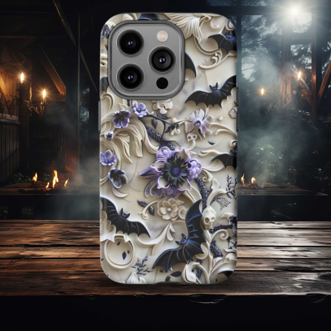 Purple Floral Gothic Bat Phone Case, Cute and Spooky Halloween Bats ...