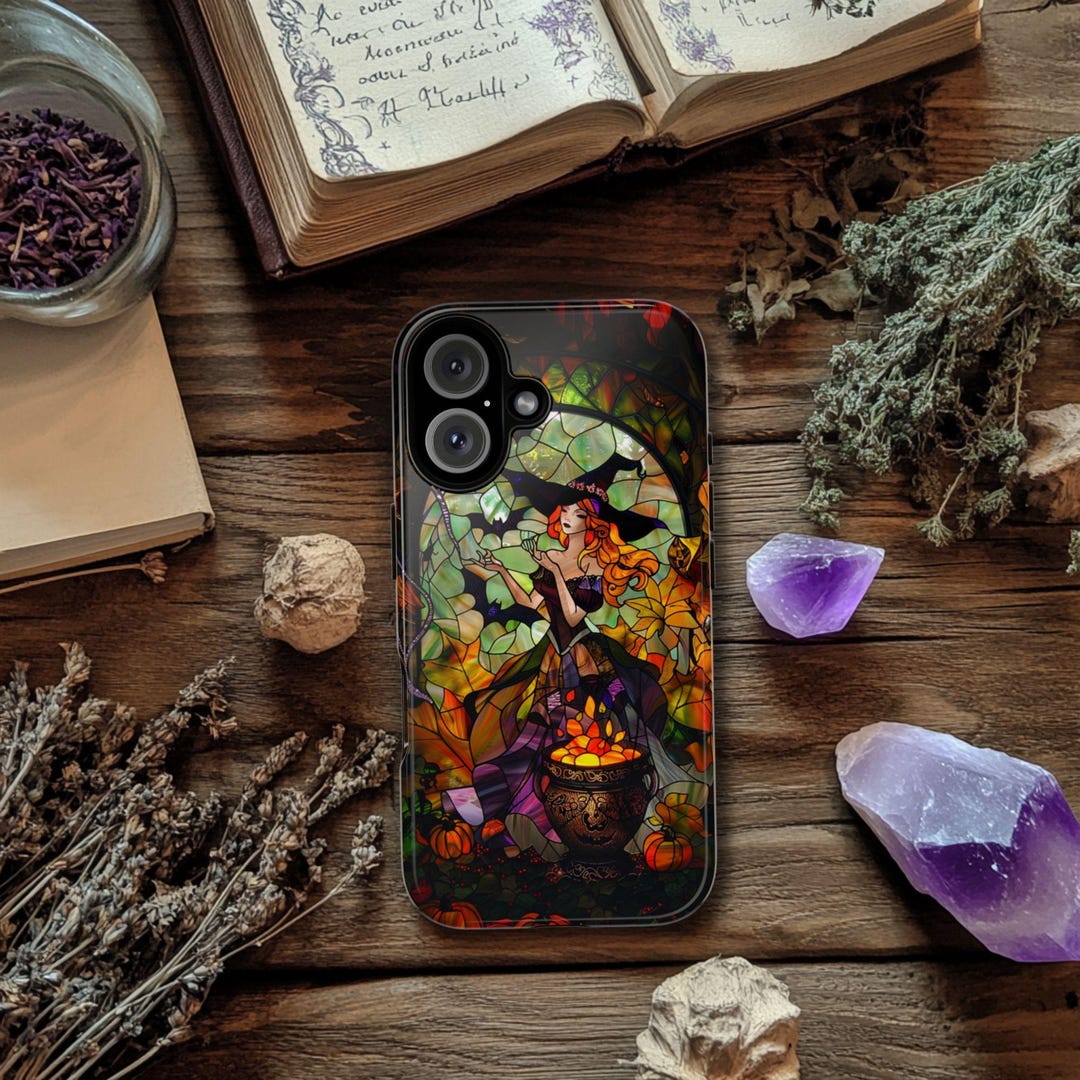 Halloween Witch Phone Case: Stained Glass Style, Spooky Bats - Etsy