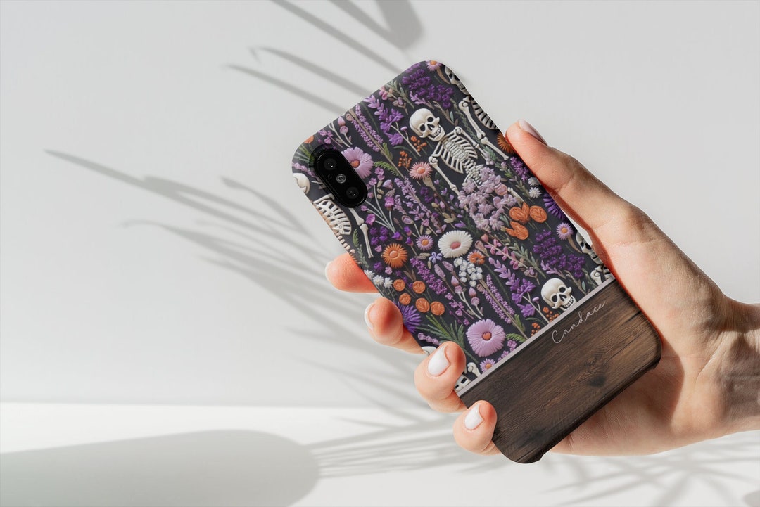 Embroidered 3D Floral Skeleton Phone Case, Personalized Name Phone Case ...
