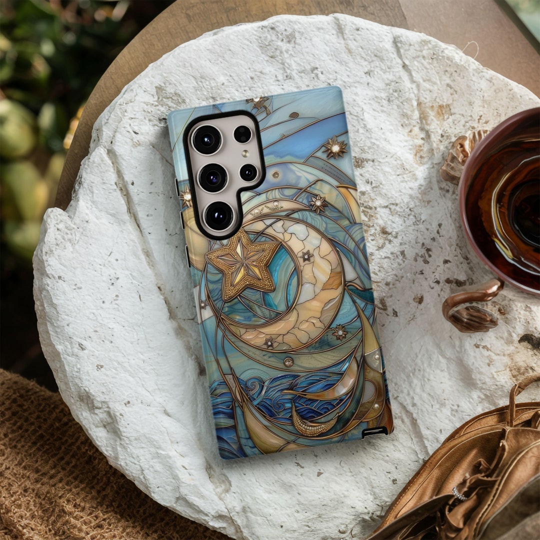 Celestial Stained Glass Moon and Stars Phone Case, Mosaic Starry Night Galaxy, Gift for ...