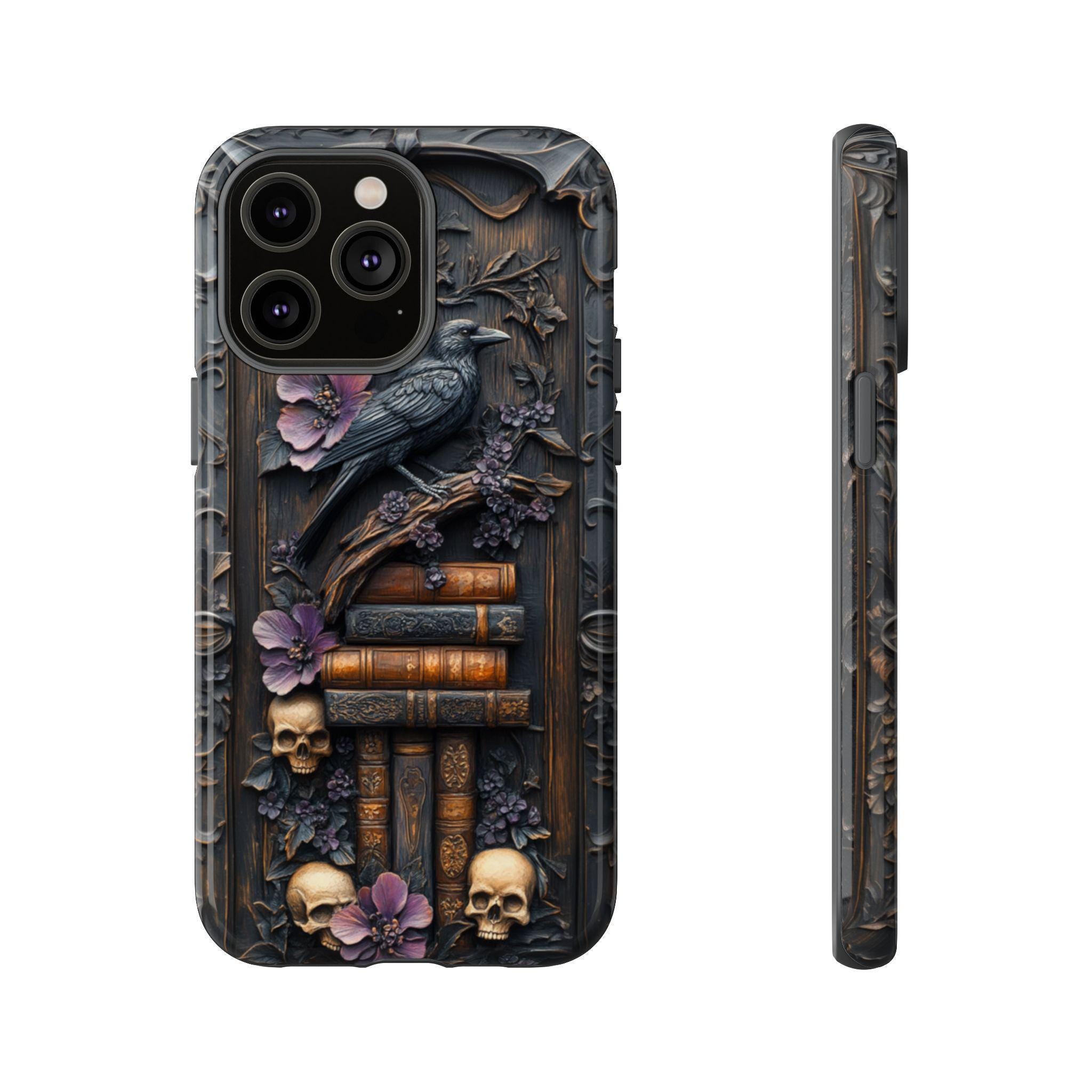 Dark Fantasy Book Phone Case, Gothic Raven Skulls Bookshelf, iPhone 14 ...