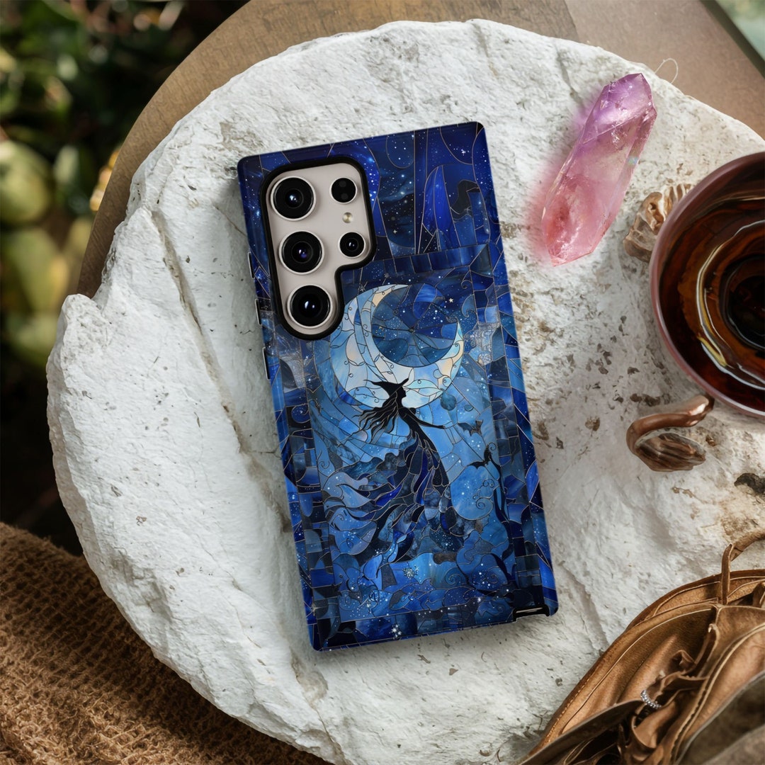 Witch Phone Case, Stained Glass Effect Witchy Moon and Bats, Celestial ...