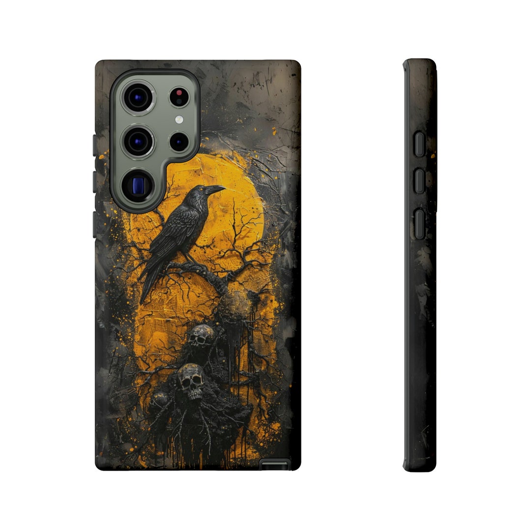 Gothic Raven Phone Case, Dark Academia Goth Yellow and Black, Full Moon ...