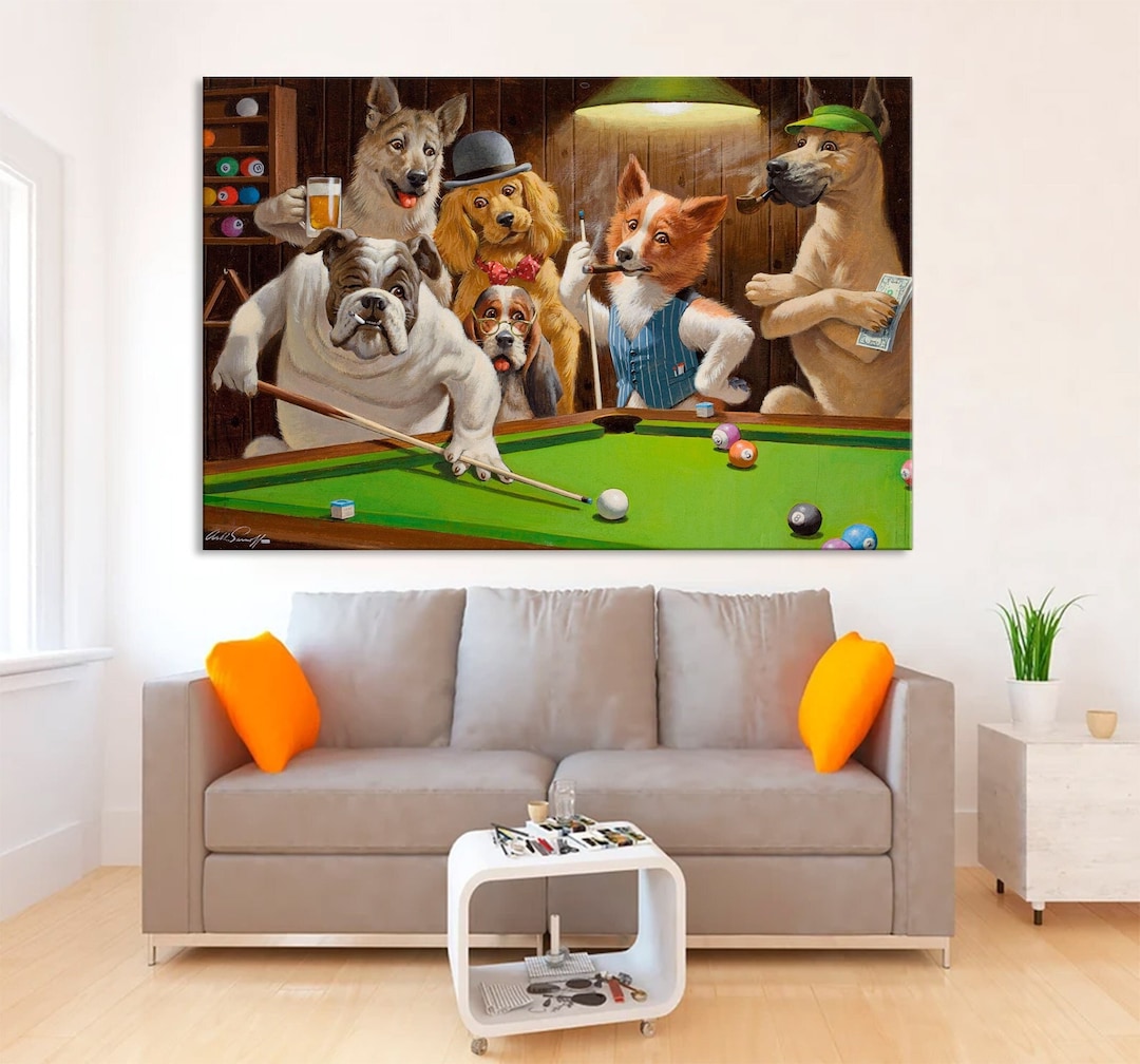 Dogs Playing Pool, Bar Decor, Retro Billiard Playing Dogs, Funny Gifts ...