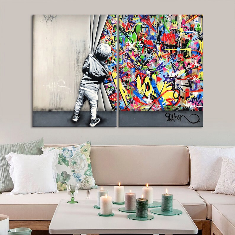 Banksy Graffiti Canvas Behind the Curtain Banksy Martin - Etsy