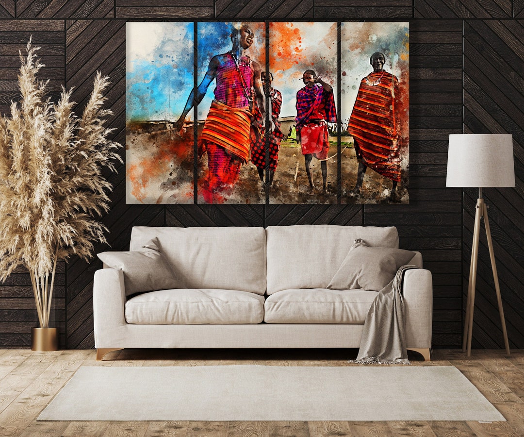 African Art Print of Masai Watercolor Wall Art Ethnic Wall Decor Canvas ...