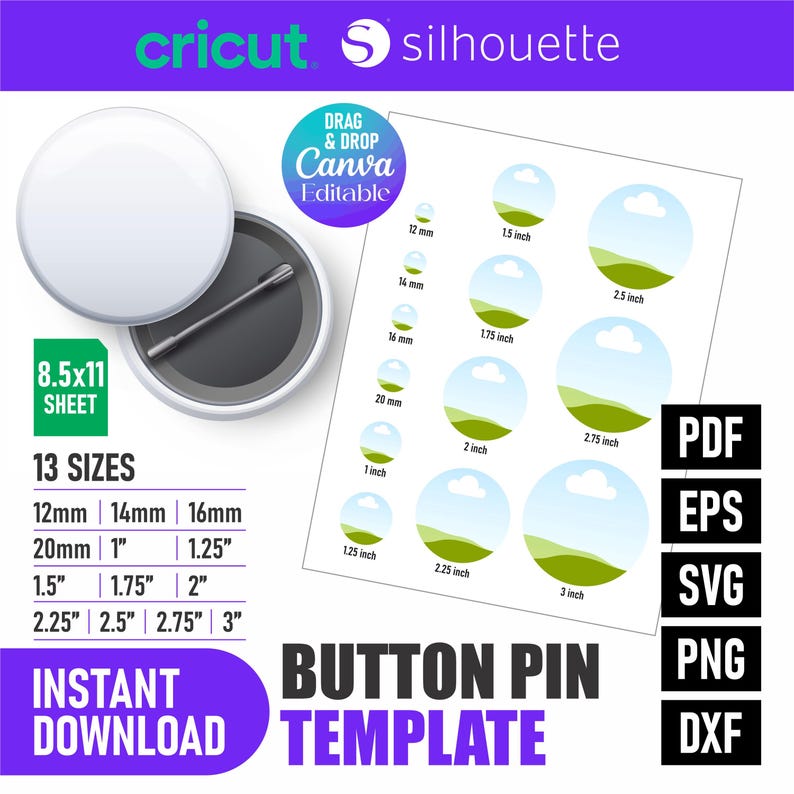 Button Pin Template Bundle: 13 Sizes, SVG, PNG, PDF, Canva Editable - Etsy