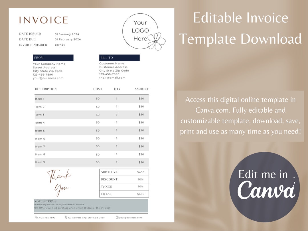 Editable Invoice Template, Canva Template, Invoice Template Download ...