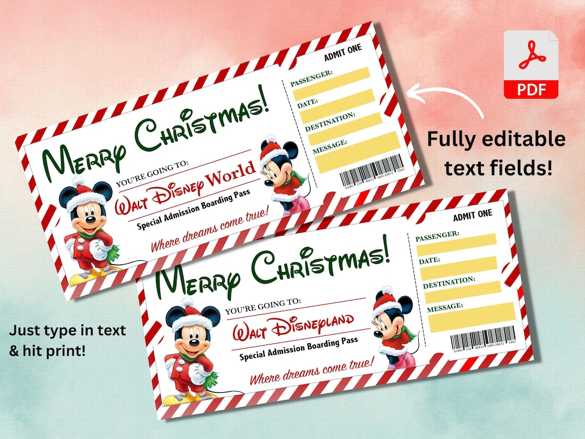 Christmas Disneyworld Ticket Printable Theme Park Surprise - Etsy