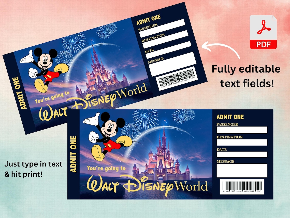 Disneyworld Ticket Printable Surprise Reveal Announcement - Etsy