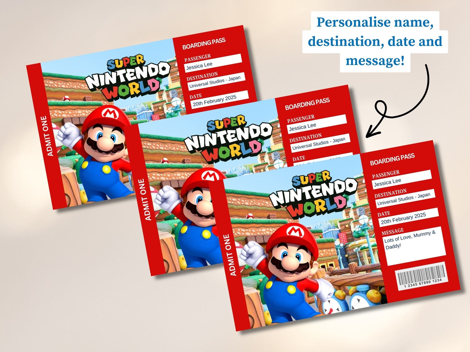 Personalised Handprinted Super Mario World Universal Studios Ticket ...