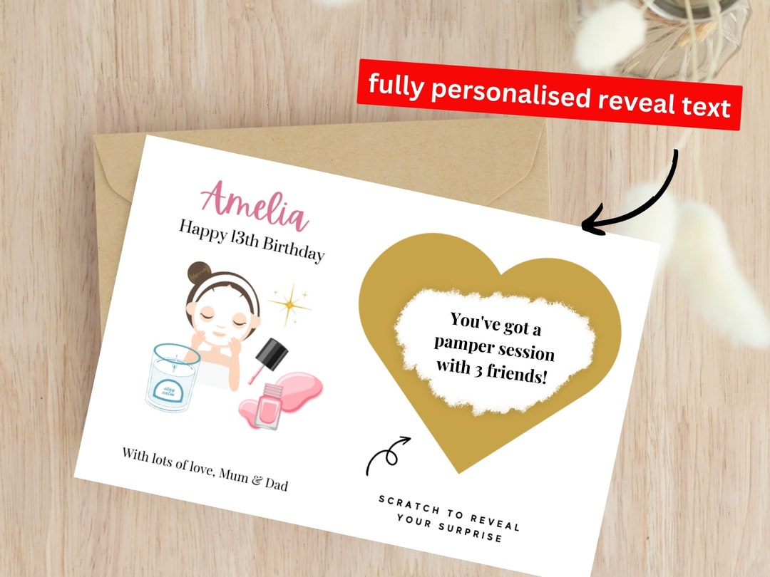 Personalised 13th Birthday Card, Pamper Party, Surprise Reveal, Teenage ...