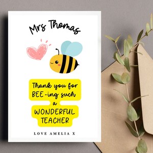 Bee Wonderful Thank You Teacher Personalised Card, School Leaver ...