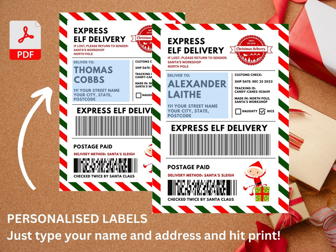 Elf Mail Shipping Labels North Pole Stickers Kids Santa Gift Tag ...