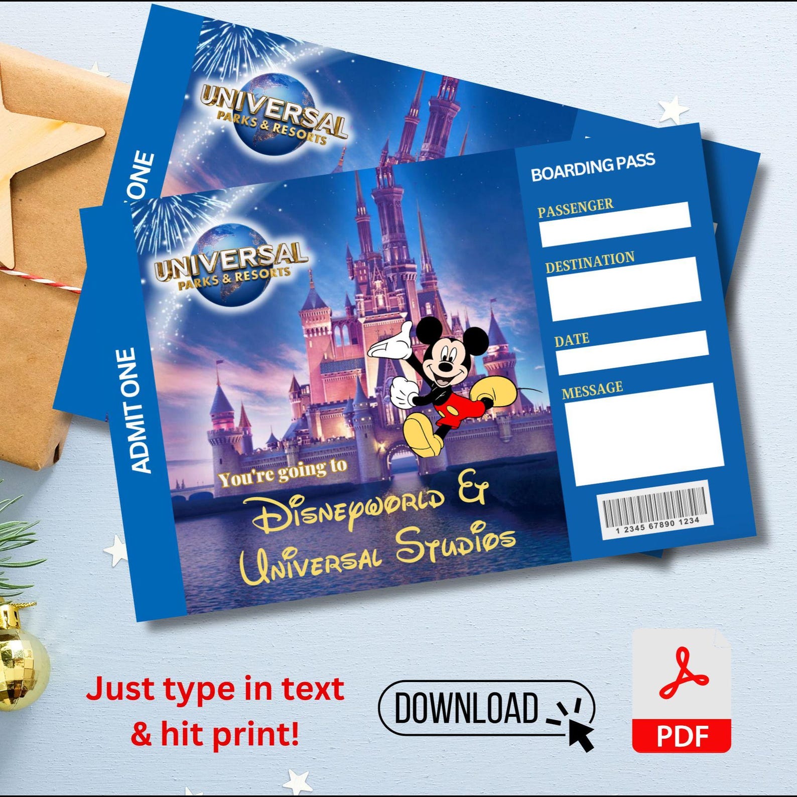 Printable 2-in-1 Universal Studios & Disney World Ticket Downloadable ...