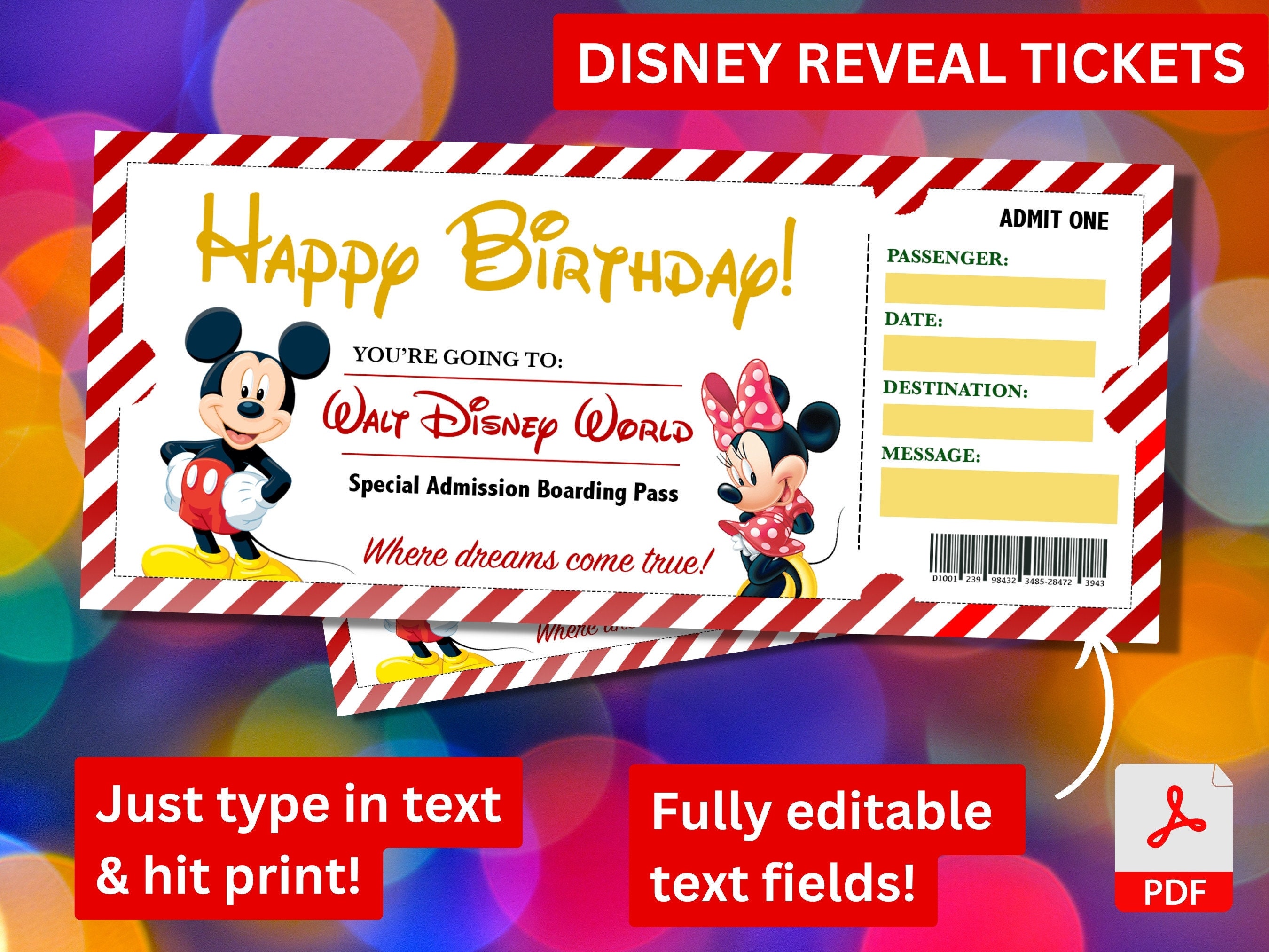 Birthday Disneyworld Minnie / Mickey Mouse Card Printable - Etsy