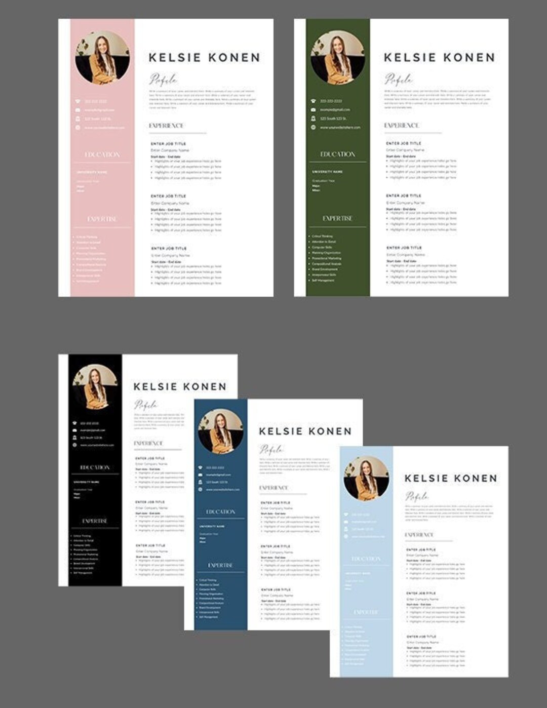 Editable Downloadable Complete Resume Template - 5 Color Options - Etsy