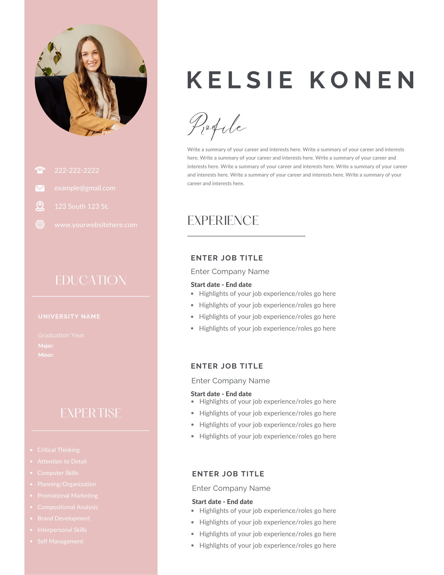 Editable Downloadable Complete Resume Template - 5 Color Options - Etsy