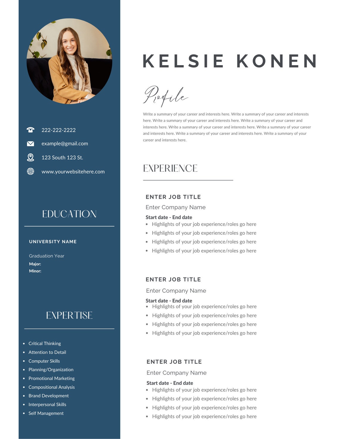 Editable Downloadable Complete Resume Template - 5 Color Options - Etsy