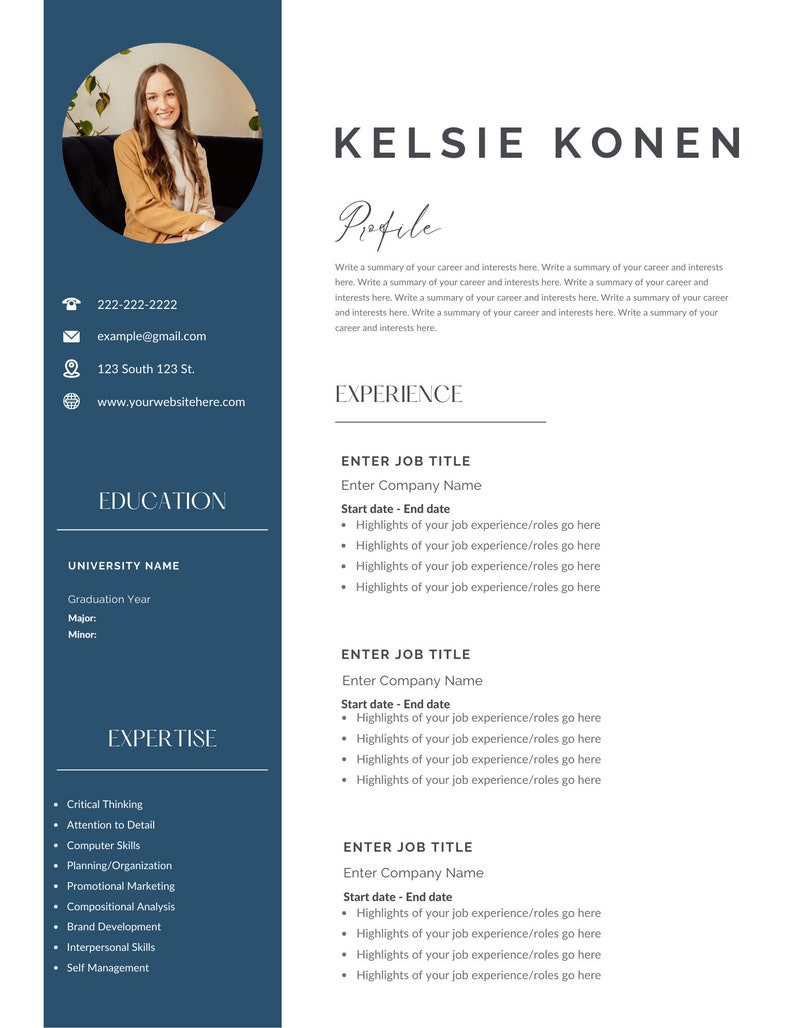 Editable Downloadable Complete Resume Template - 5 Color Options - Etsy