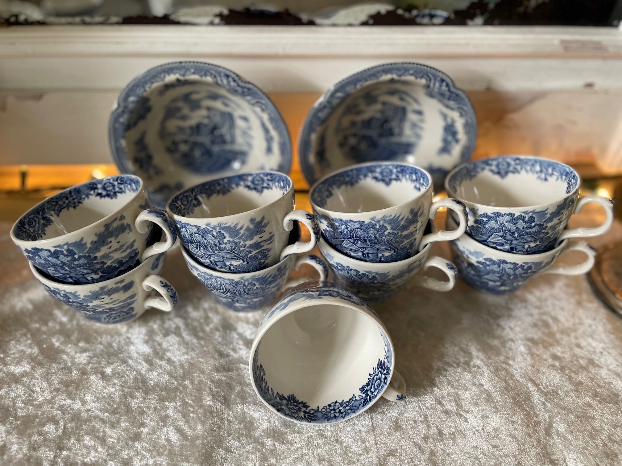 Johnson Brothers Blue and White Transferware Set, Teacups and Bowls ...