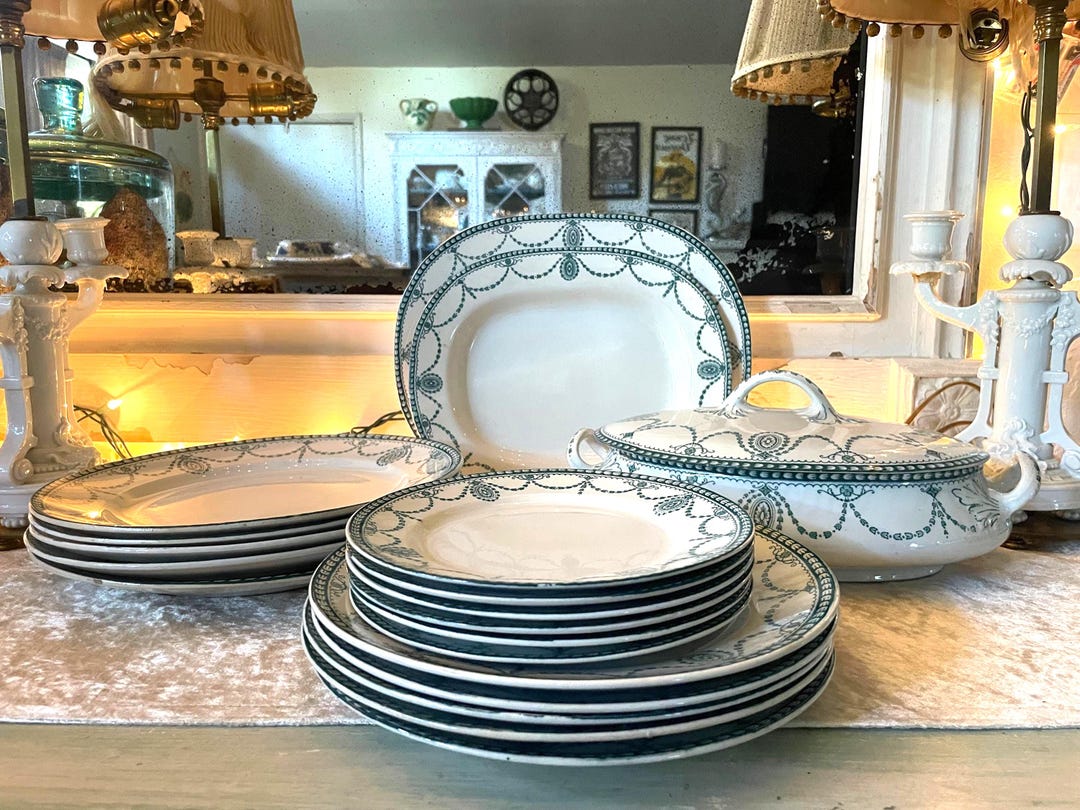 Antique W. Adams & Co. Ironstone Dinnerware Set, Aqua Teal Transferware ...