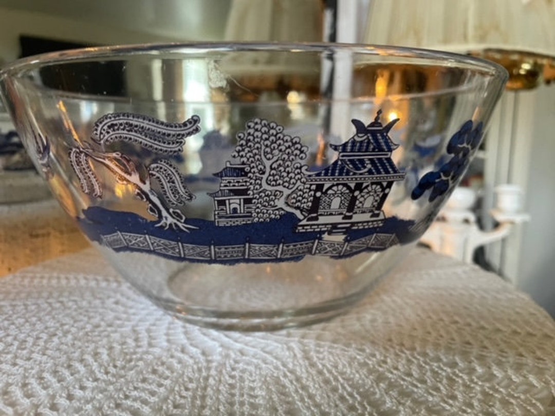 Large Clear Blue Willow, Glassware Salad Bowl, Made in England by ...