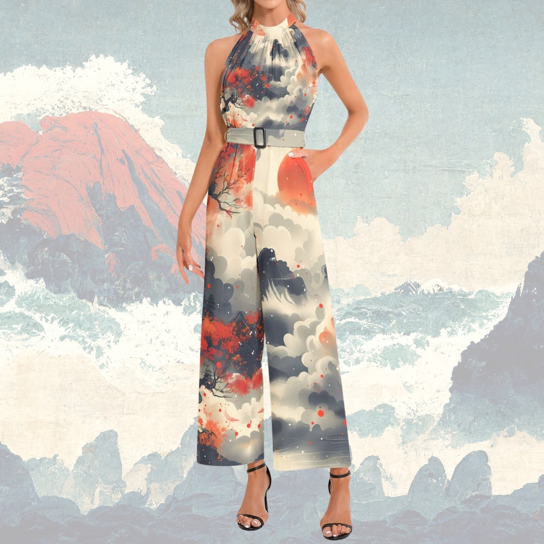 Japanese Anime Sunset Halter Neck Buckle Belted Jumpsuit, Spring ...