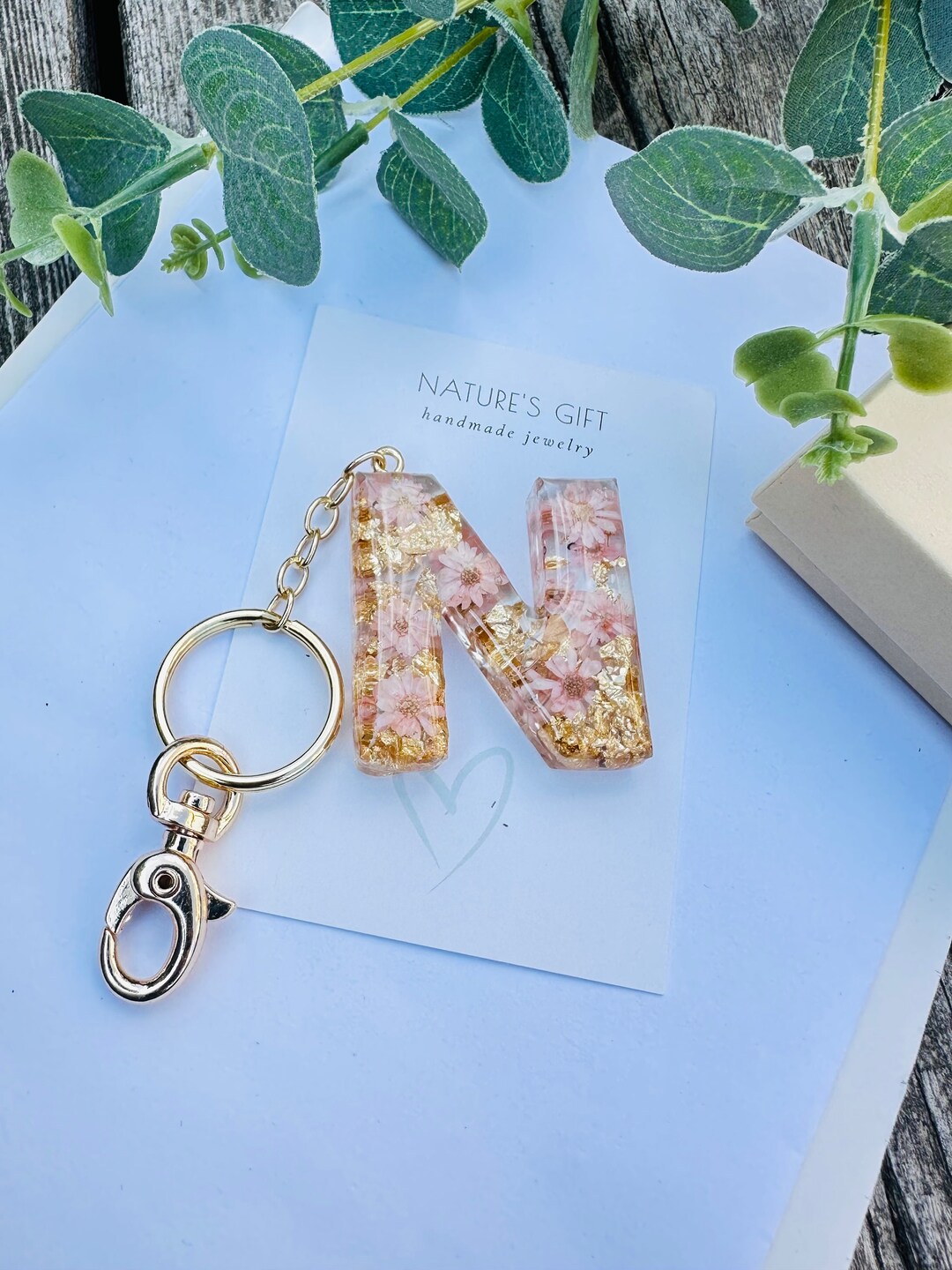 Custom Initial Keychain, Pastel and Gold Letter Keyring, Resin Letter ...
