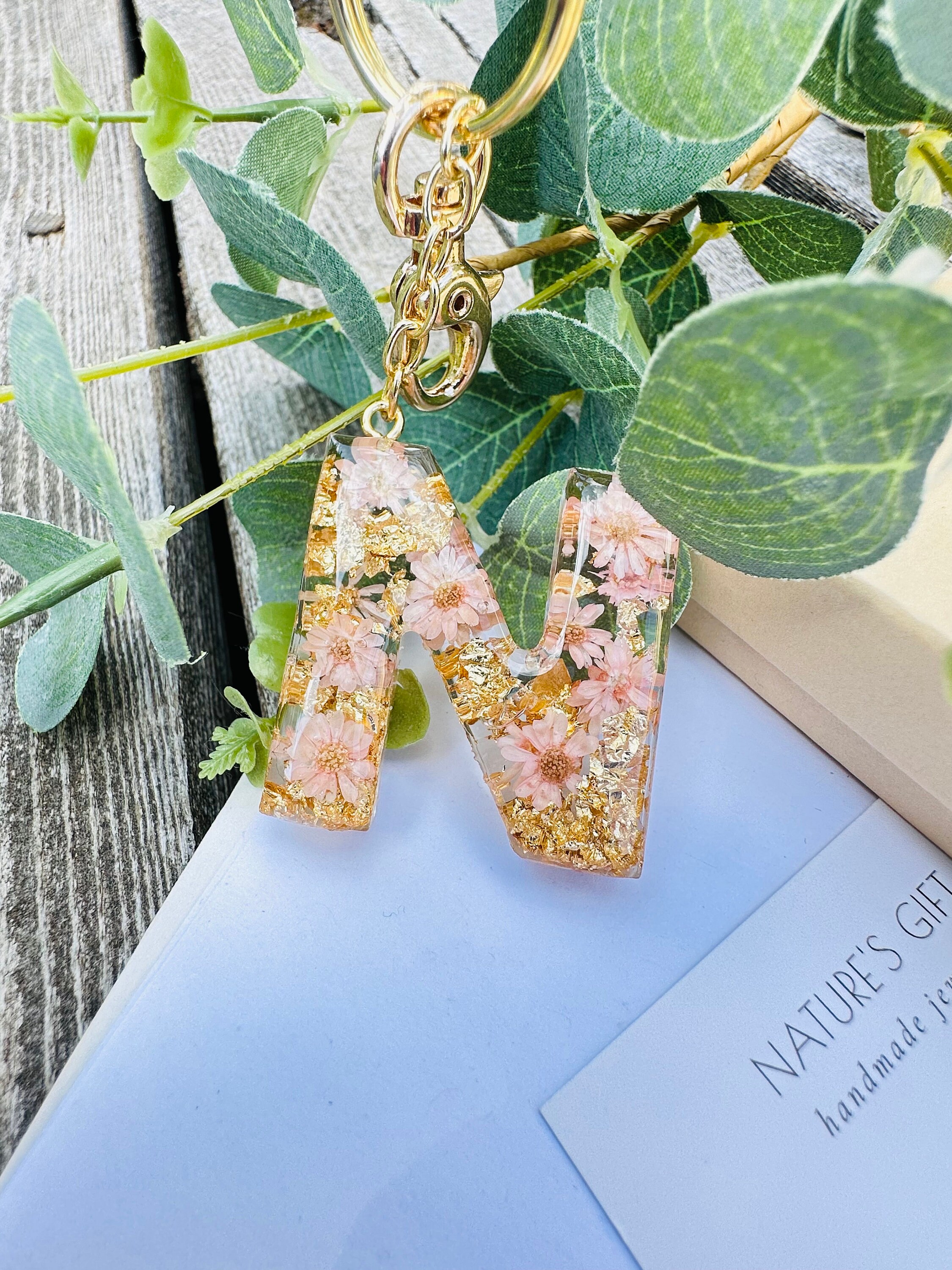 Custom Initial Keychain, Pastel and Gold Letter Keyring, Resin Letter ...