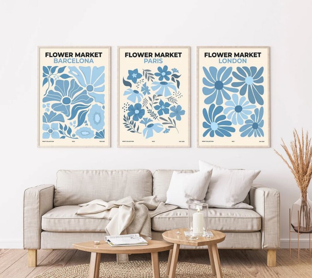 Set of 3 Flower Market Prints, Blue Flowers Wall Art, Abstract Flower ...