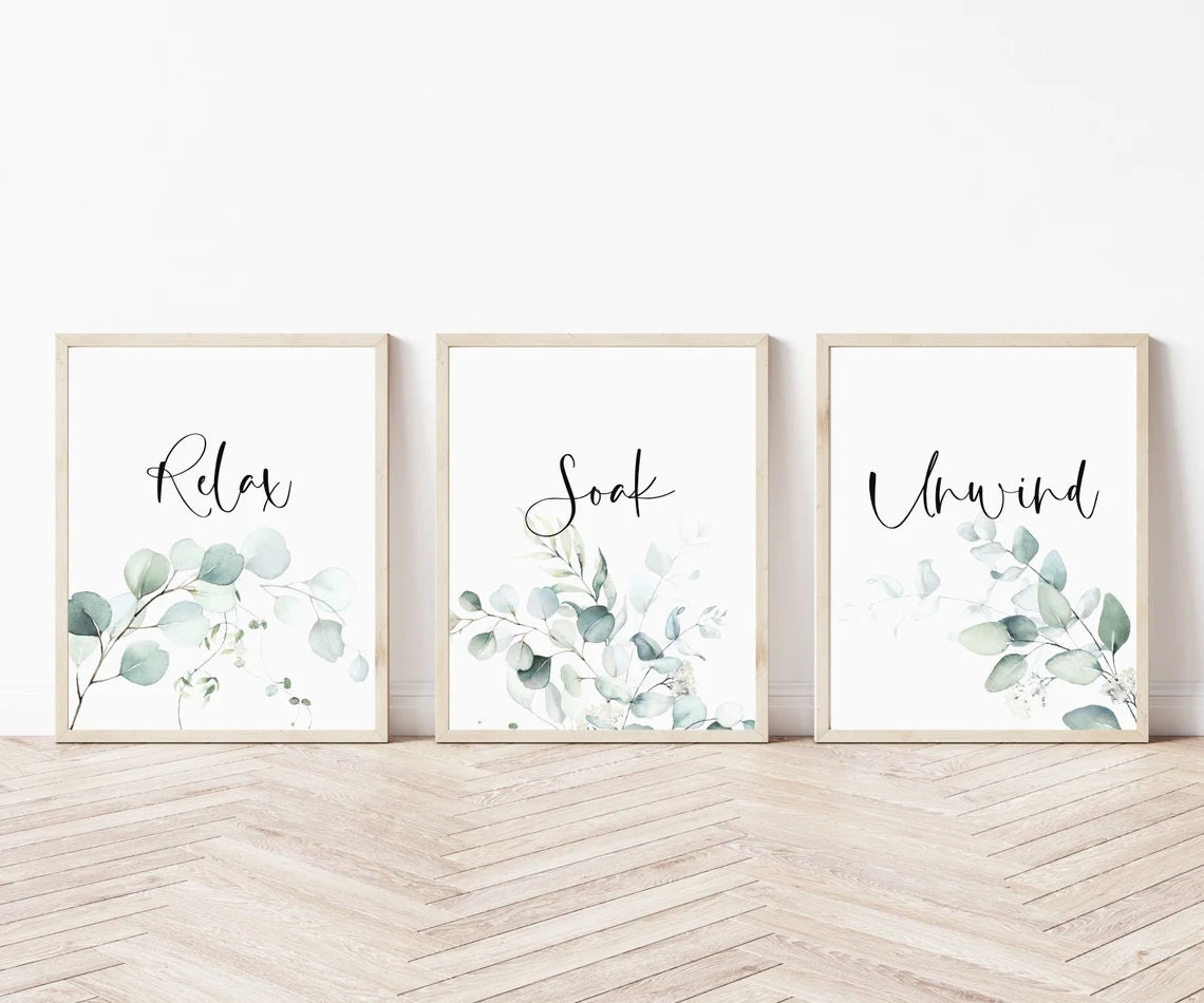 Set of 3 Bathroom Quote Wall Decor Print, Leaves Poster, Floral Wall ...