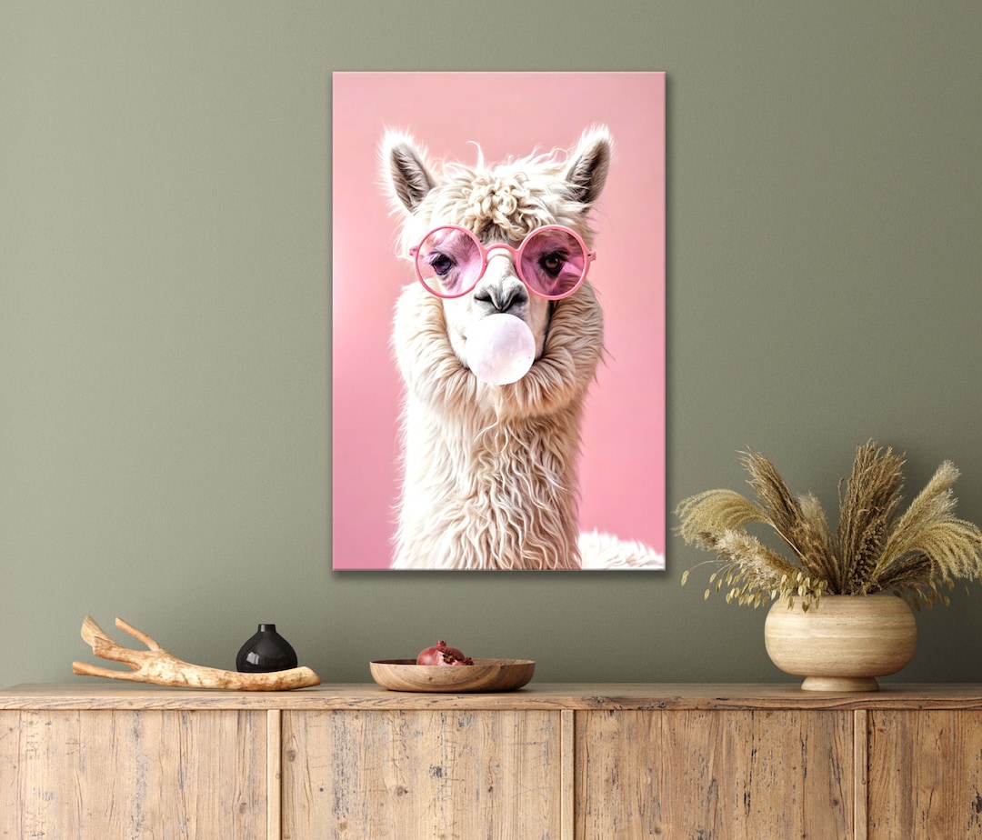 Cutest Llama Wearing Pink Sunglasses Blowing a Bubble 40x60cm Canvas or ...