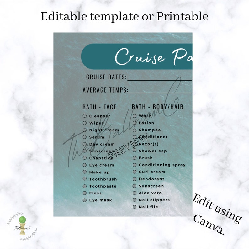 Cruise Packing List Editable Printable Checklist Vacation Beach Family ...