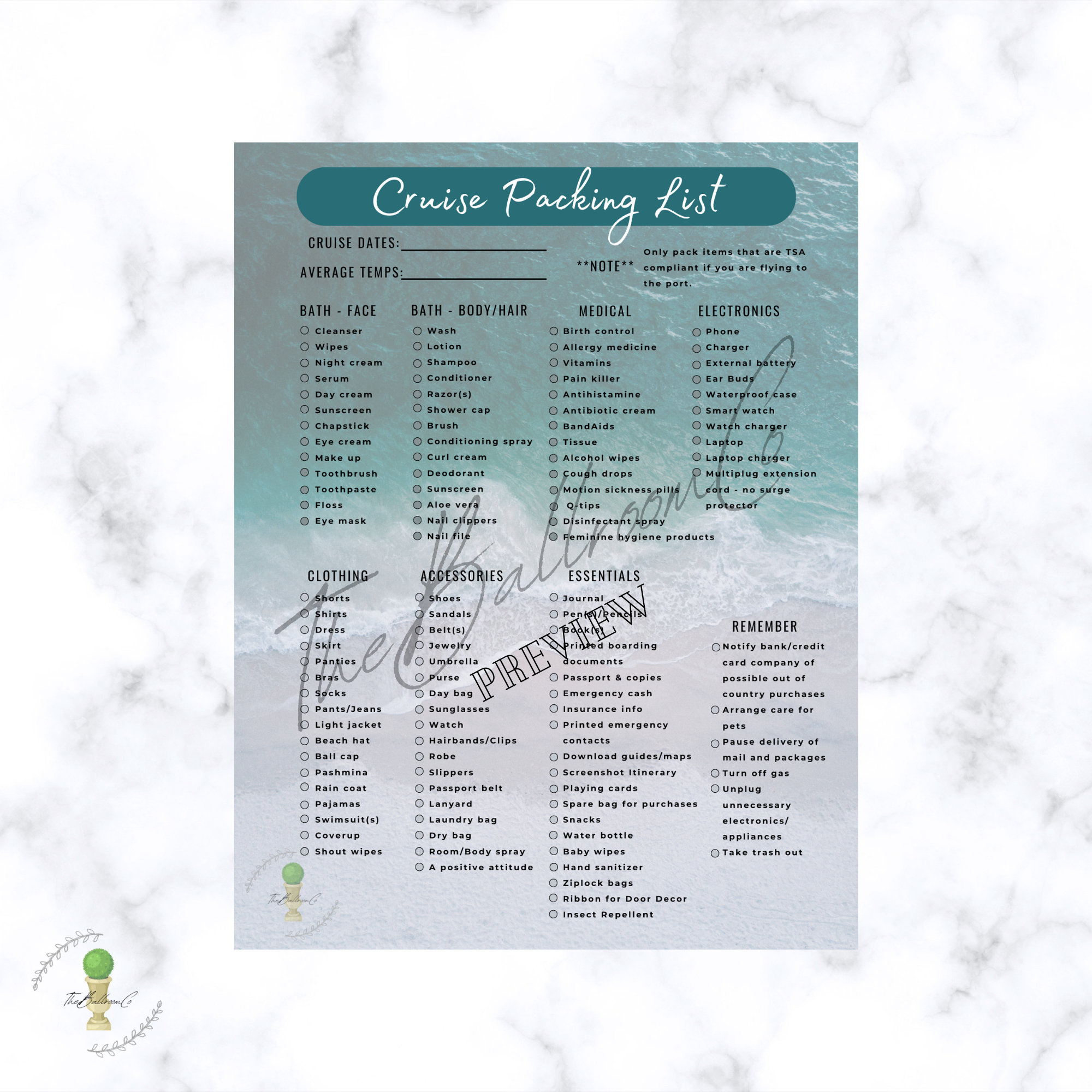 Cruise Packing List Editable Printable Checklist Vacation Beach Family ...