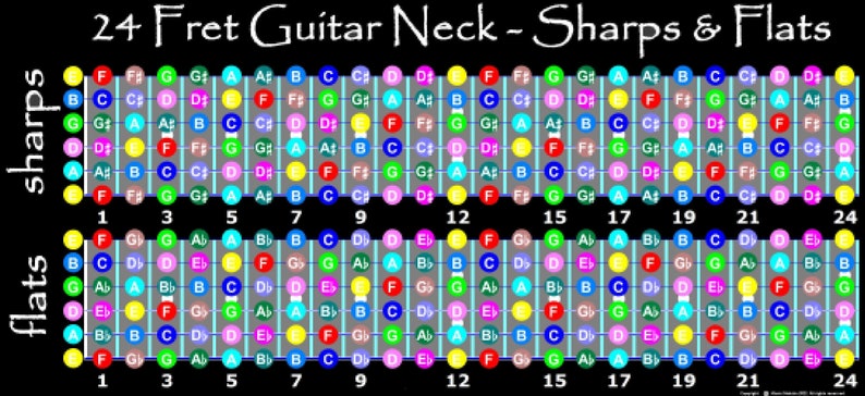 Notes on 24 Fret Guitar Neck - Sharps & Flats - Etsy