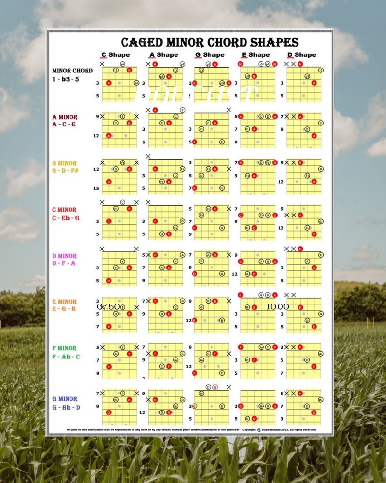 Natural Minor Guitar Chords Caged Shapes Chart Etsy