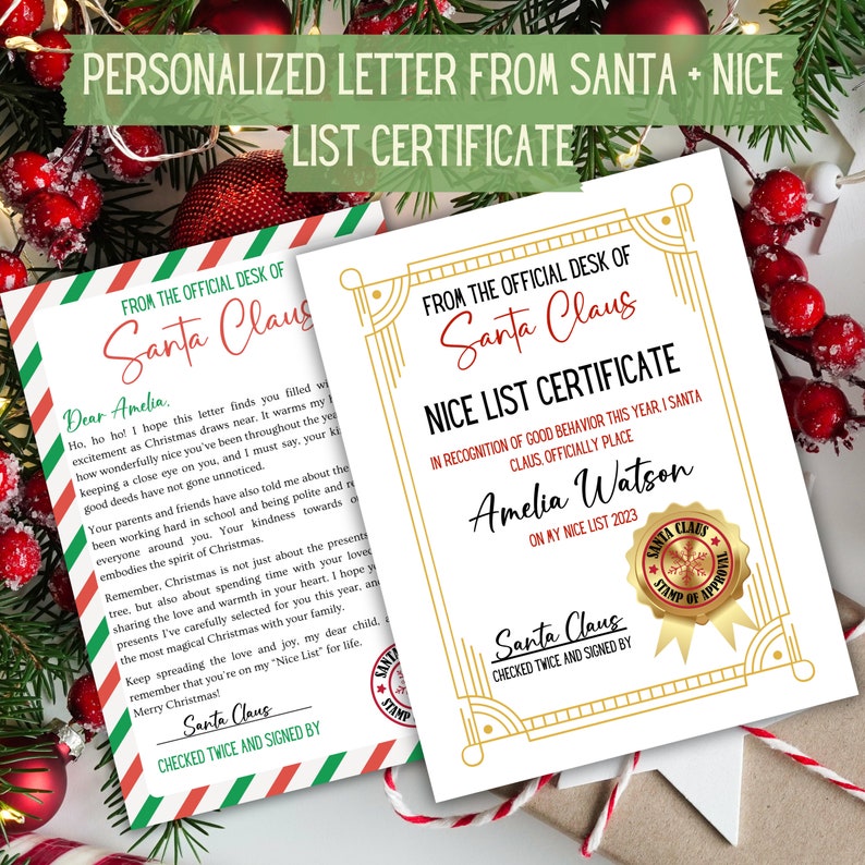 Personalized Letter From Santa and Nice List Certificate - Etsy