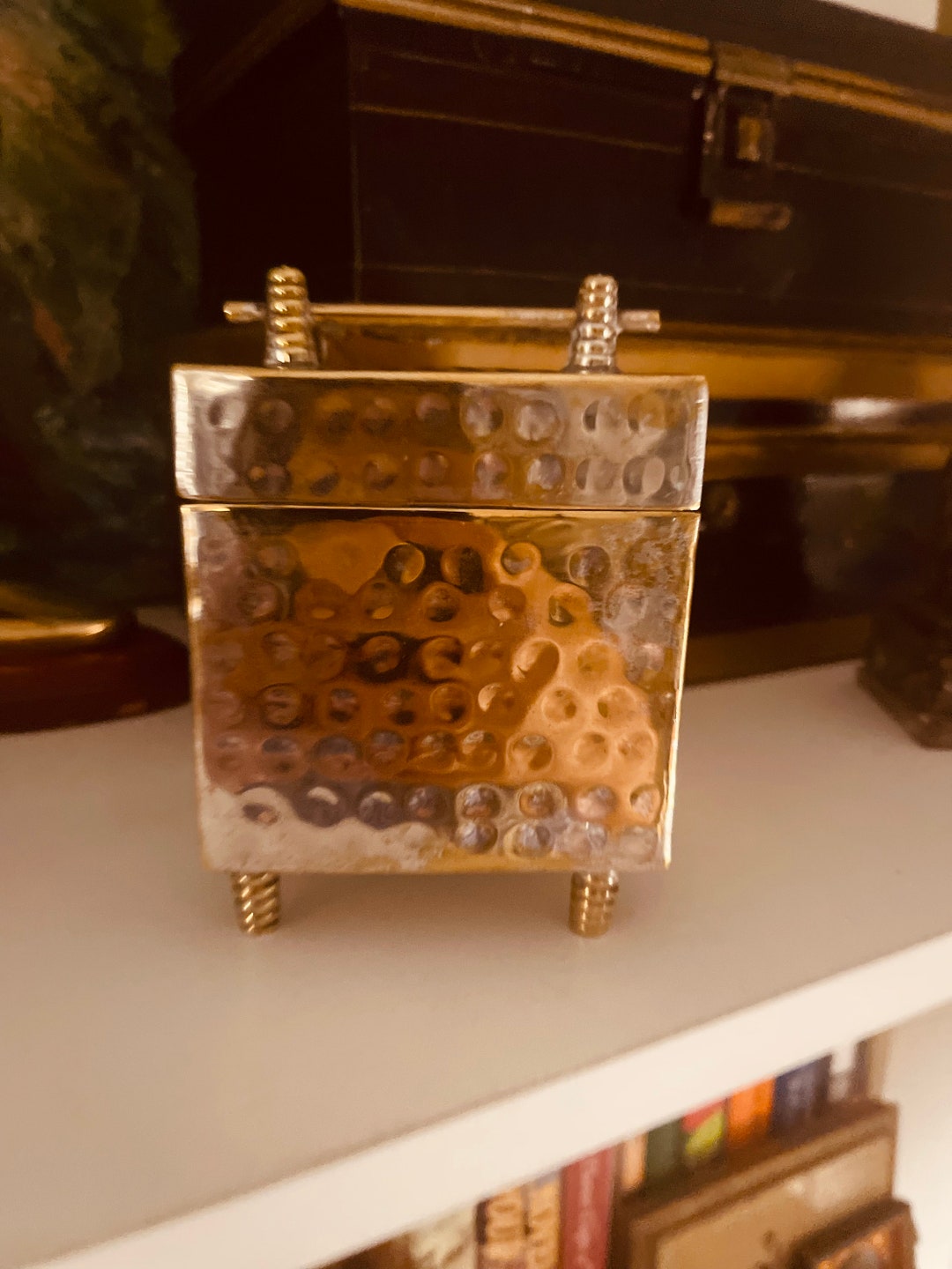 Vintage Hammered Solid Brass Footed Box With Handled Lid - Etsy