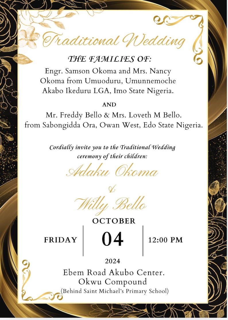 Simple Traditional Wedding Invitation Gold and Black African Wedding ...