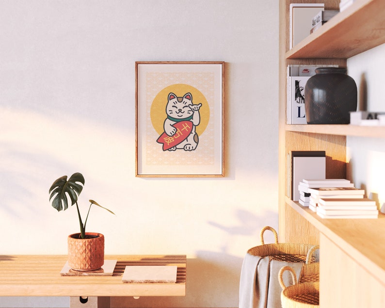 Maneki Neko Print, Good Luck Print, Cute Cat Illustration, Japanese Cat ...