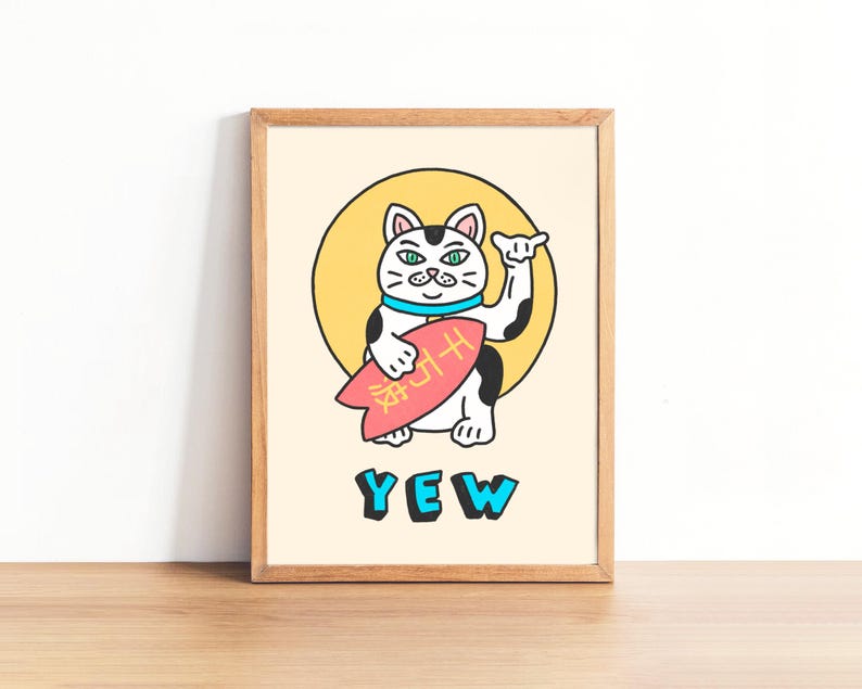 Surf Maneki Neko Print, Japanese Good Luck Cat Art - Etsy