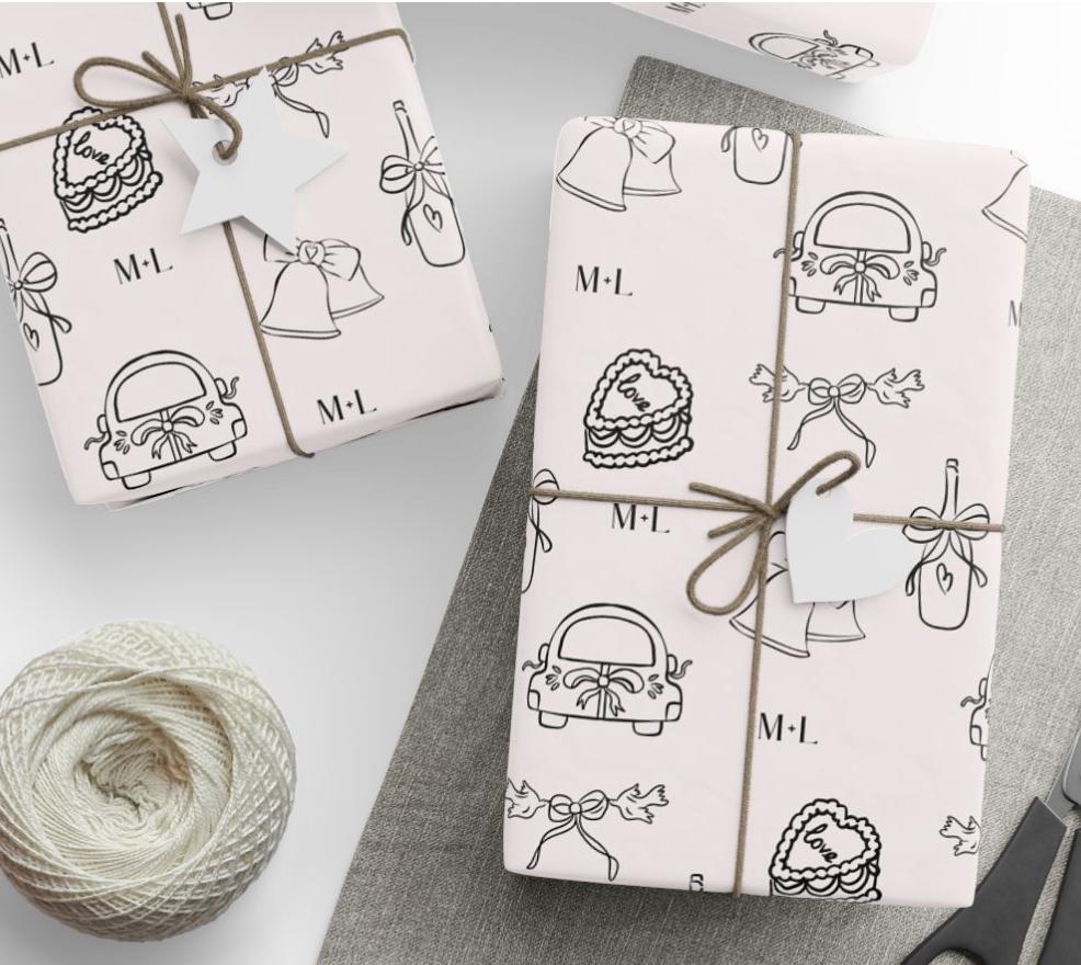 Personalized Wedding Gift Wrap Custom Engagement Wrapping Paper Doodle ...