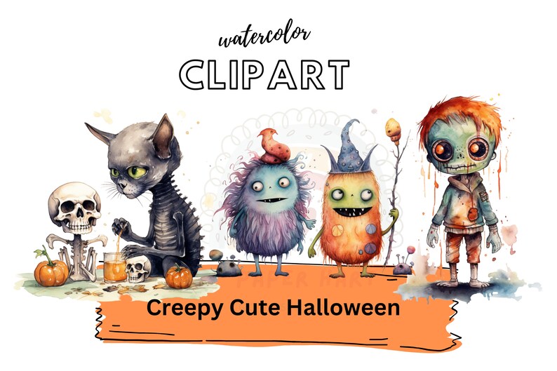 Creepy Cute Halloween Clip Art Watercolor Characters, Illustrations ...