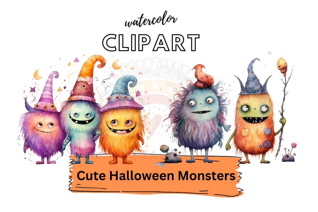 Halloween Monsters Clip Art Pack Cute Watercolor Illustrations, PNG ...