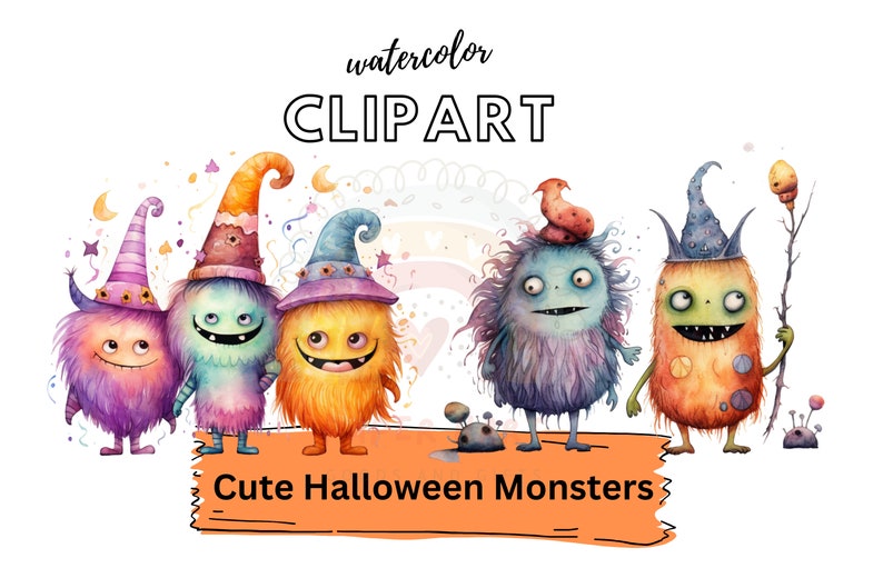 Halloween Monsters Clip Art Pack Cute Watercolor Illustrations, PNG ...