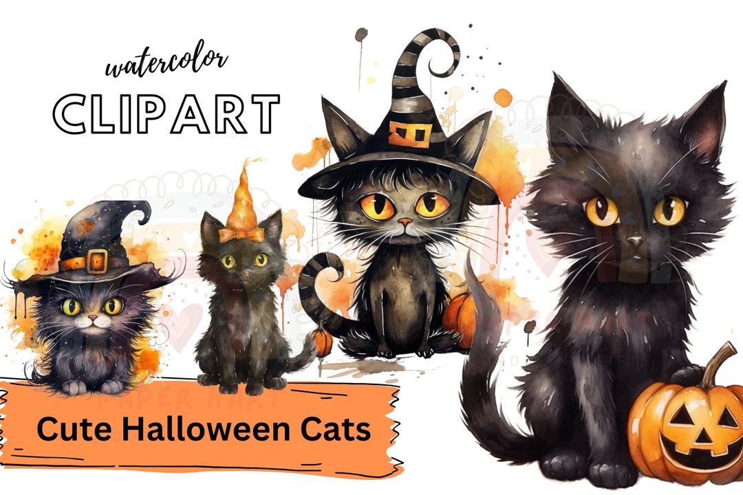Halloween Cats Clip Art Pack Cute Watercolor Illustrations, PNG Digital ...