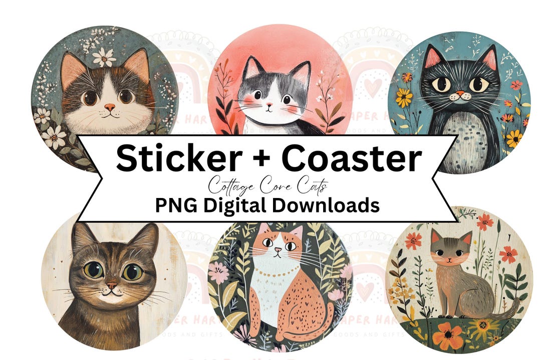 Cottage Core Cat Illustration Designs: Car Coaster, Magnet, Sticker ...